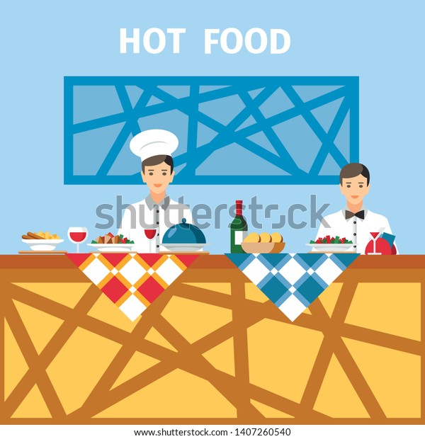 Catering Service Flat Vector illustration. Hot Food Buffet with Alcohol ...