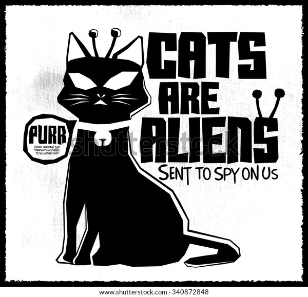 Cats Aliens Funny Vector Monochrome Label : image vectorielle de stock ...