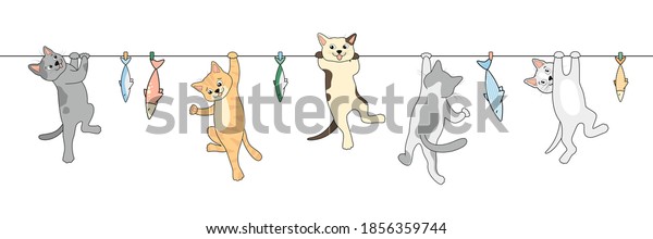 Cats Hanging On Rope Fish On Stock Vector (Royalty Free) 1856359744