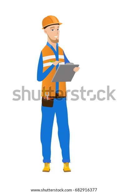 Caucasian building inspector making some notes in clipboard. Full ...