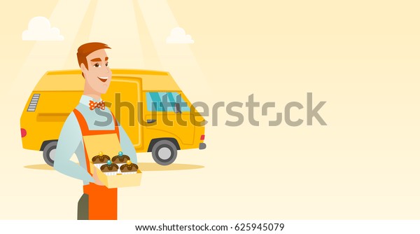 Caucasian Delivery Man Holding Box Cakes Stock Vector (Royalty Free ...