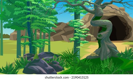 Cave Inside Green Forest Cartoon Background Stock Vector (Royalty Free ...