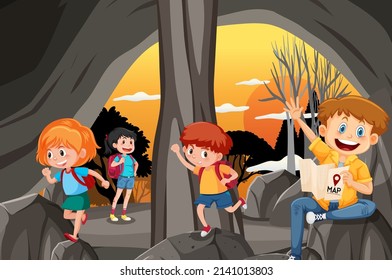 Cave Scene Children Exploring Cartoon Character Stock Vector (Royalty ...