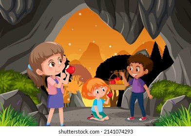 Cave Scene Children Exploring Cartoon Character Stock Vector (Royalty ...