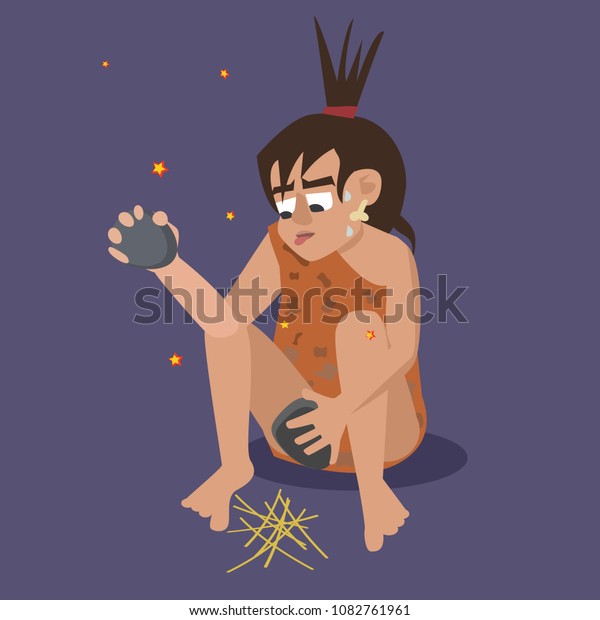 Caveman Making Fire Stones Vector Cartoon Stock Vector (Royalty Free ...