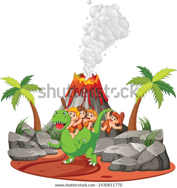 Caveman Playing Dinosaurs Near Volcano Stock Vector (Royalty Free ...