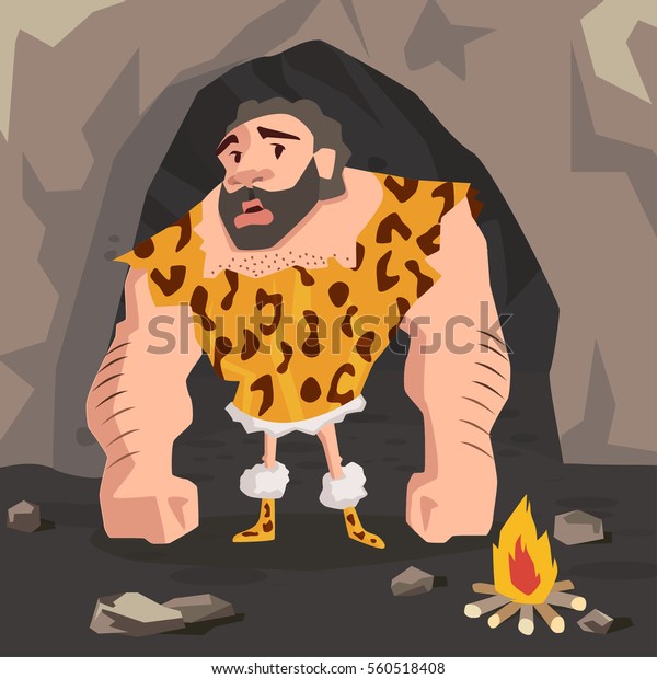 Caveman standing in a front of a cave. Stone age!