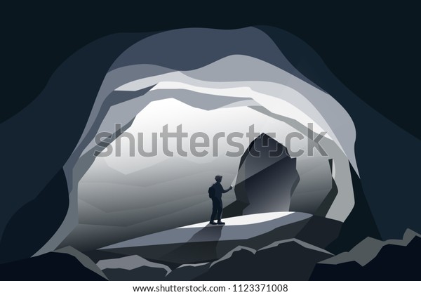 Caves Landscape Man Standing Front Cave Stock Vector (Royalty Free ...