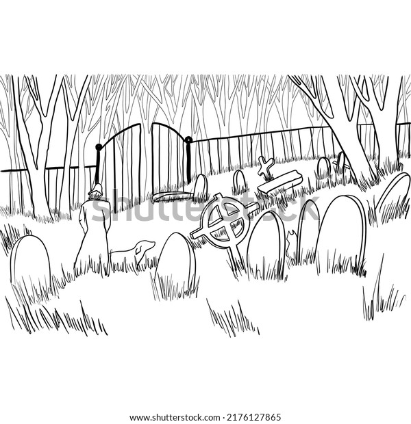 Cemetery Night Coloring Page Walking Man: เวกเตอร์สต็อก (ปลอดค่า ...