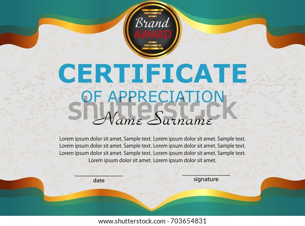Certificate Appreciation Elegant Turquoise Template Reward Stock Vector ...