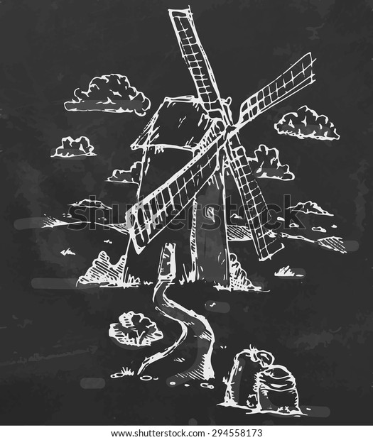 Chalkboard Hand Drawing Mill Landscape Vector Stock Vector (Royalty ...