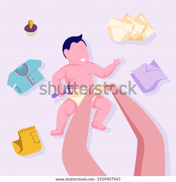 Changing diaper to baby on changing table. Happy child playing with ...