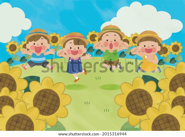 Character Illustration Children Jumping Straw Hat Stock Vector (Royalty ...