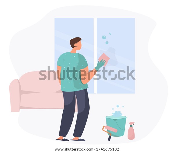 Character Man Washing Windows Home Bucket Stock Vector (Royalty Free ...