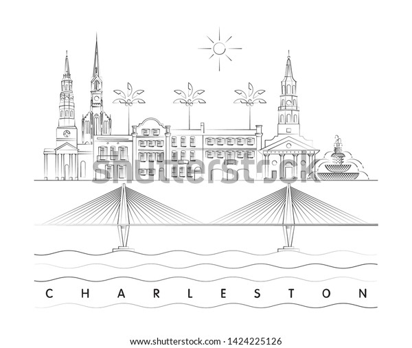 Charleston minimal linear skyline vector illustration and typography design