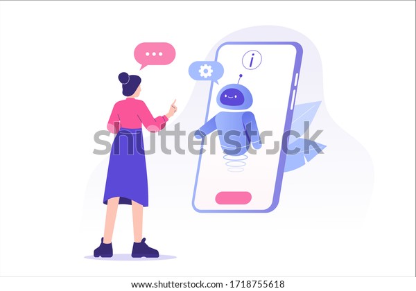 Chatbot ai and customer service concept. Young woman talking with chatbot in a big smartphone ...