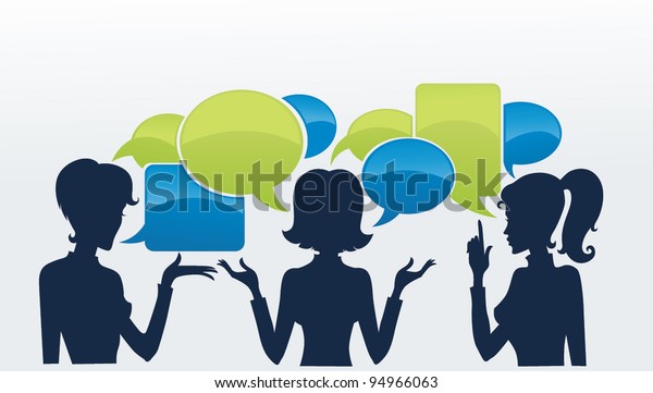 chatting girls, vector set of girls silhouettes with speech bubbles
