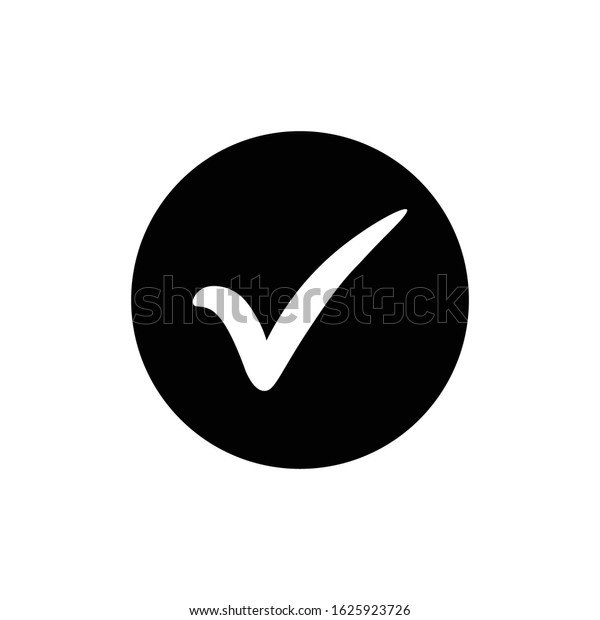Check mark icon. white tick symbol in black circle vector.
