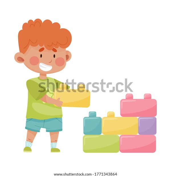 Cheerful Boy Carrying Blocks Build Tower Stock Vector (Royalty Free ...
