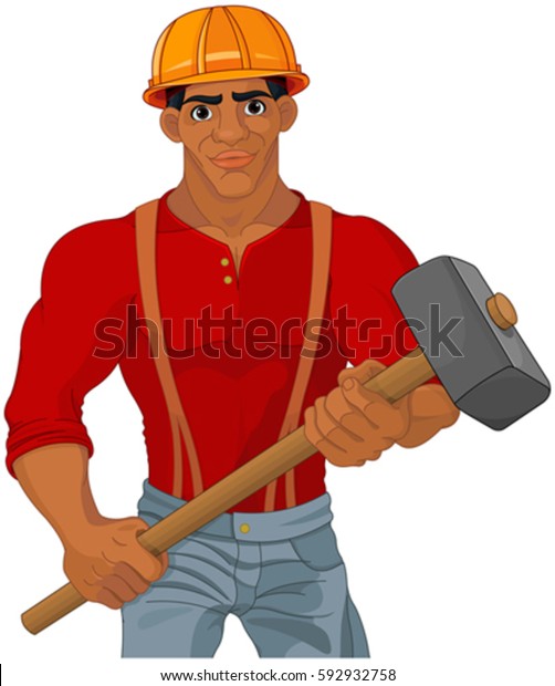 Cheerful Construction Worker Holding Hammer Stock Vector (Royalty Free ...