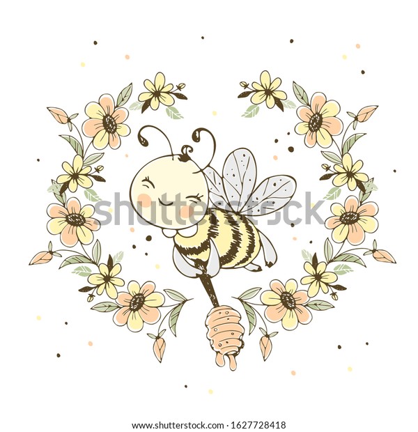 Cheerful cute bee with honey in a frame of flowers. Vector.