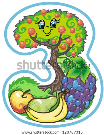 Cheerful Number Three Tree Various Fruits Stock Vector (Royalty Free ...