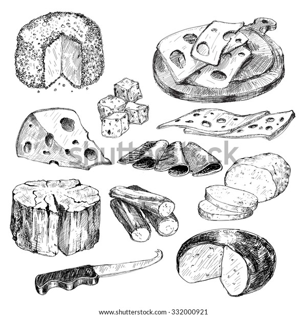 Cheese Collection Hand Drawn Graphic Illustrations Stock Vector ...