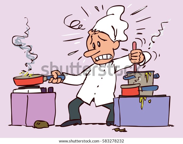 Chef Busy Stressed Cooking Several Recipes Stock Vector (Royalty Free ...