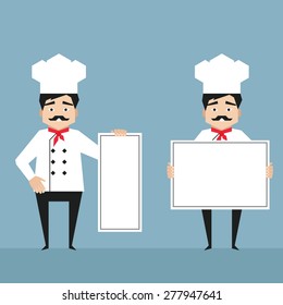 Chef Characters Holding White Banners Flat Stock Vector (Royalty Free ...