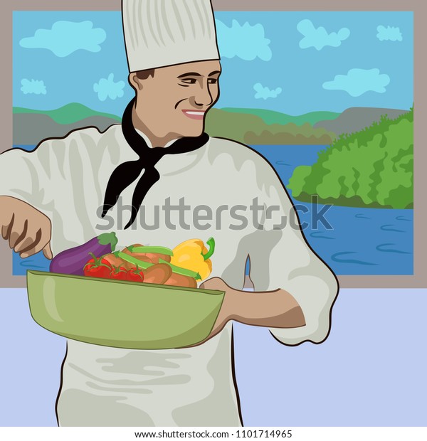 Chef Plate Vegetablescheerful Cook Thinking About Stock Vector (Royalty ...
