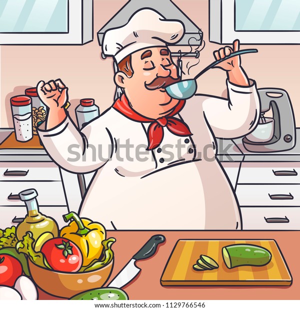 Chef Prepares Food Kitchen Cartoon Style Stock Vector (Royalty Free ...