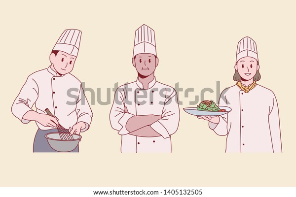 Chefs posing in uniform. hand drawn style vector design illustrations.