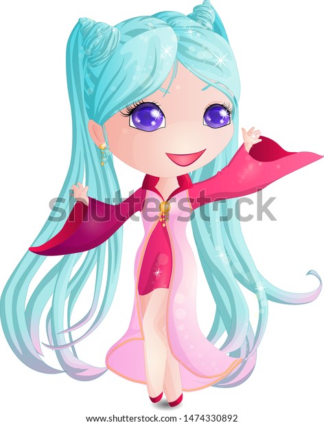 Chibi Girl Blue Hair Pink Dress Stock Vector Royalty Free 1474330892