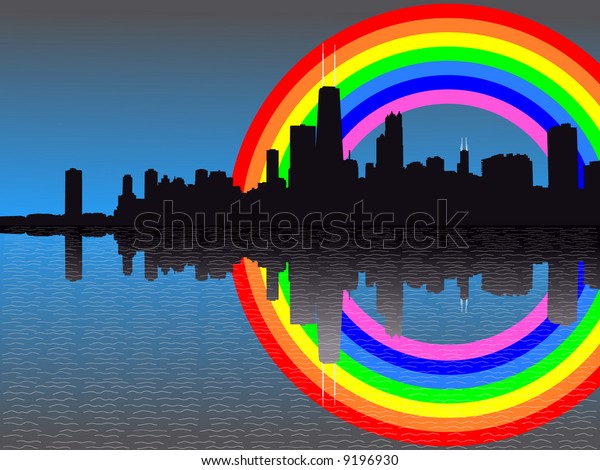 Chicago Skyline Reflected Colourful Rainbow Illustration: เวกเตอร์สต็อก ...