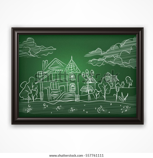 Child Chalk Hand Drawing Landscape House Stock Vector (Royalty Free ...