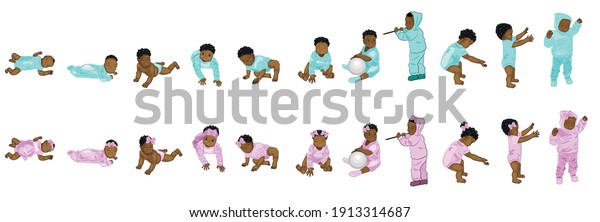 Child development by months from birth. Black kid. Stages of the baby's ...