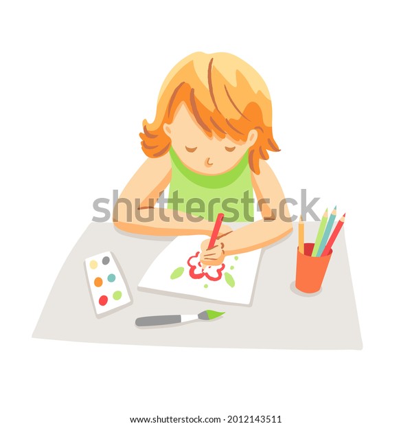 Child Drawing Table Girl Draws Flower Stock Vector (Royalty Free ...