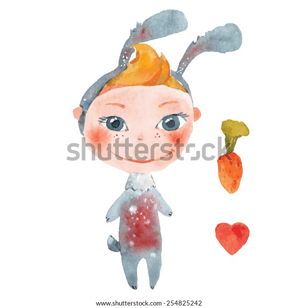 Child Dressed Bunny Drawing By Watercolor Stock Vector (Royalty Free ...