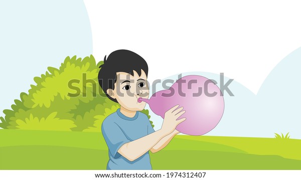 Child Inflating Balloon By Blowing Air Stock Vector (Royalty Free ...