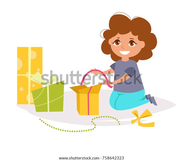 Child Opens Gifts Vector Cartoon Isolated Stock Vector (Royalty Free ...