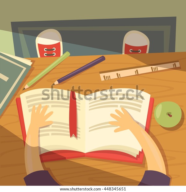 Child Reading Book He Sits Table Stock Vector (Royalty Free) 448345651