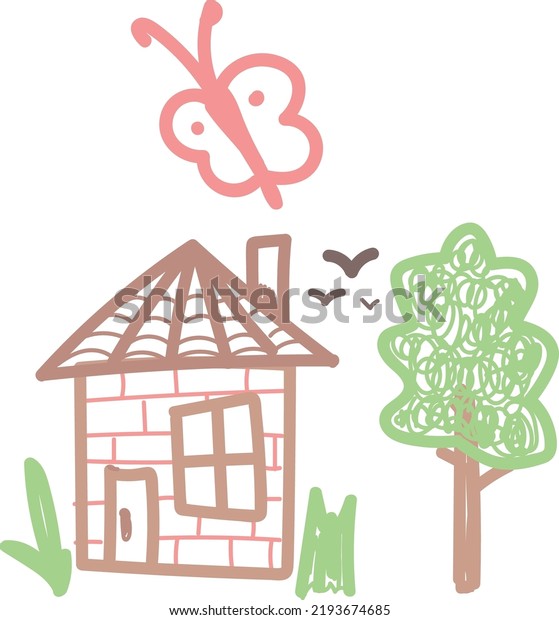 Childish Crayon Drawing House Tree Summer Stock Vector (Royalty Free ...