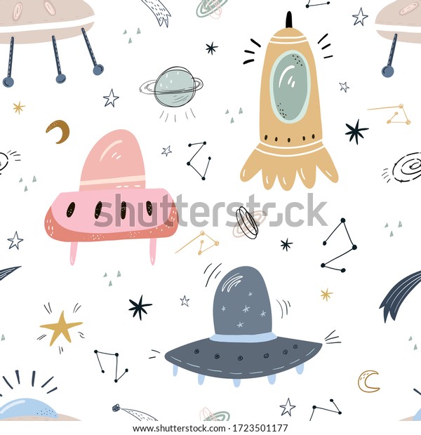 Childish Seamless Pattern Aliens Ufo Cosmos Stock Vector (Royalty Free ...