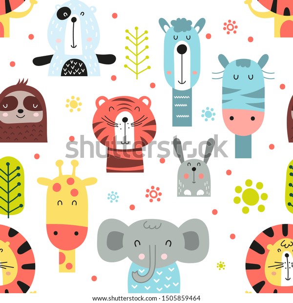 Childish Seamless Pattern Cute Jungle Animals Stock Vector (Royalty ...