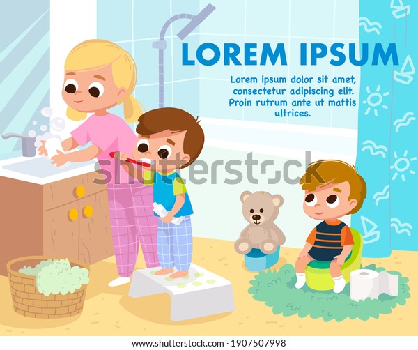 Children Bathroom Doing Everyday Hygiene Activities Stock Vector ...