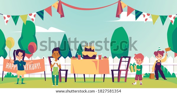 Children Birthday Backyard Party Background Cheerful Stock Vector ...
