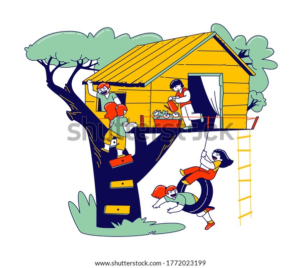 Children Characters On Tree House Little Stock Vector (Royalty Free ...