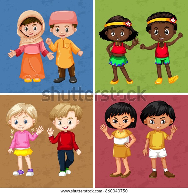 Children Different Countries On Four Background Stock Vector (Royalty ...
