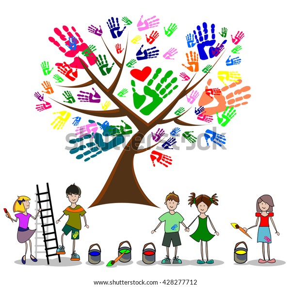 Children Draw Tree Hands Heart Figures Stock Vector (Royalty Free ...