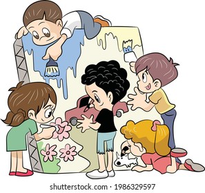 Children Drawing On Canvas Children Help Stock Vector (Royalty Free ...